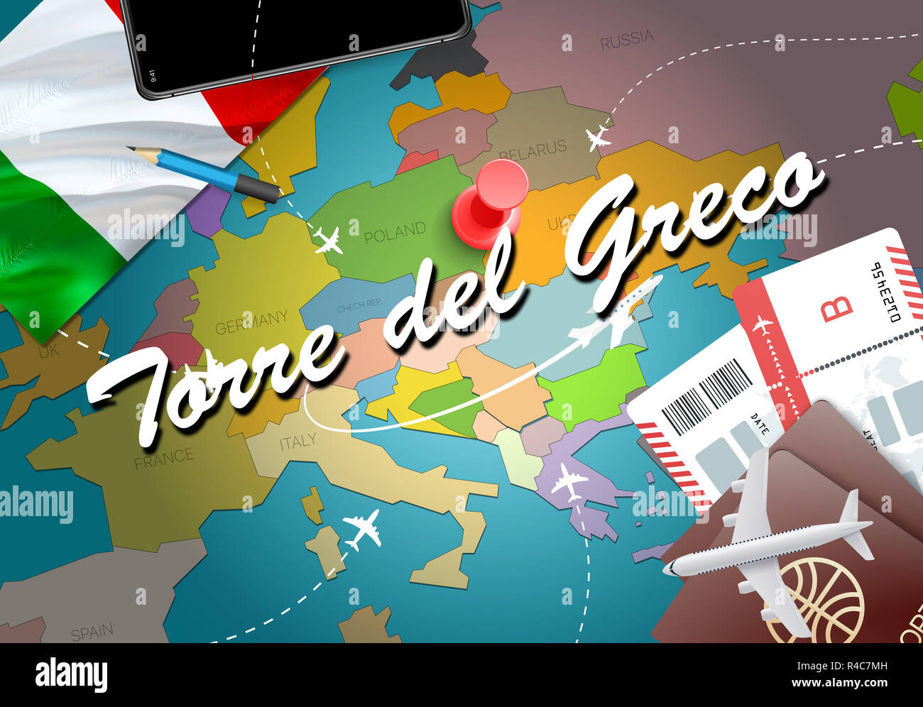 Torre del Greco city travel and tourism destination concept. Italy flag ...