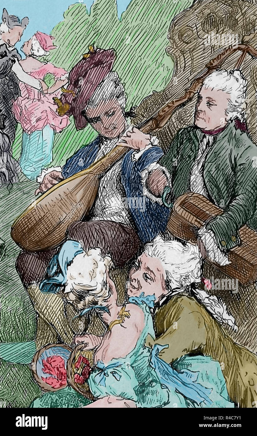 Aristocracy. 18th century. Dance scene. Detail of the musics. Engraving ...
