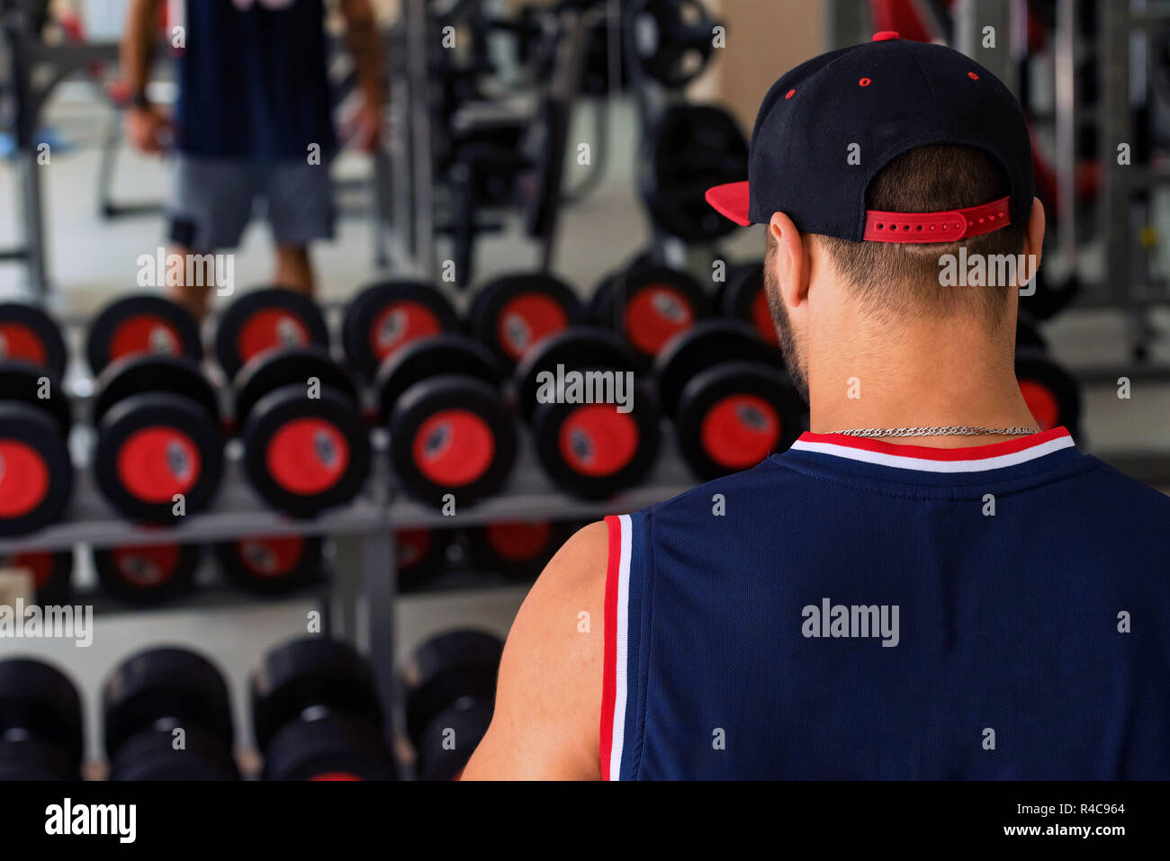 Back view of muscular young man choosing dumbbells in modern gym Stock ...