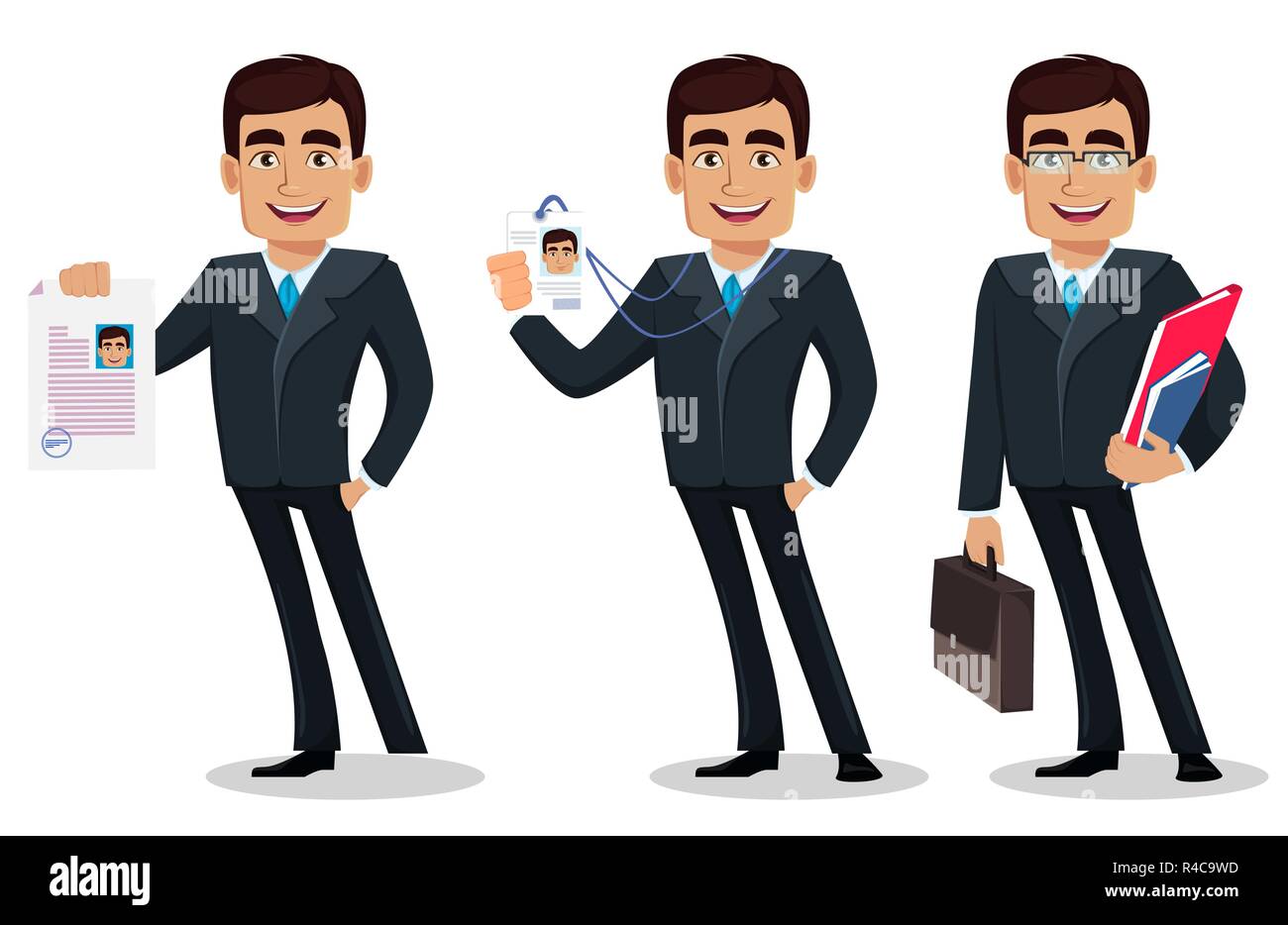 Business man cartoon character in formal suit, set of three poses ...