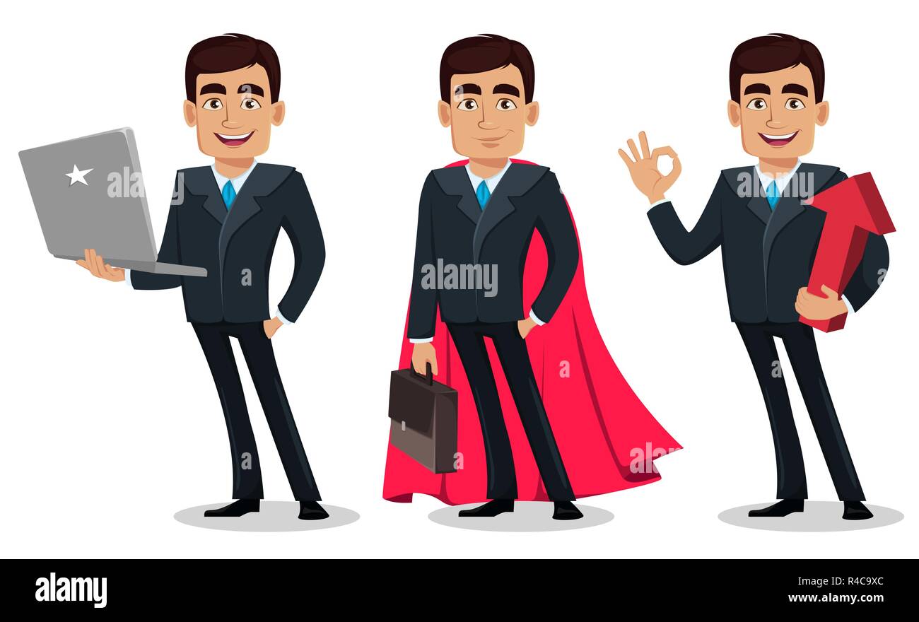 Business man cartoon character in formal suit, set of three poses ...