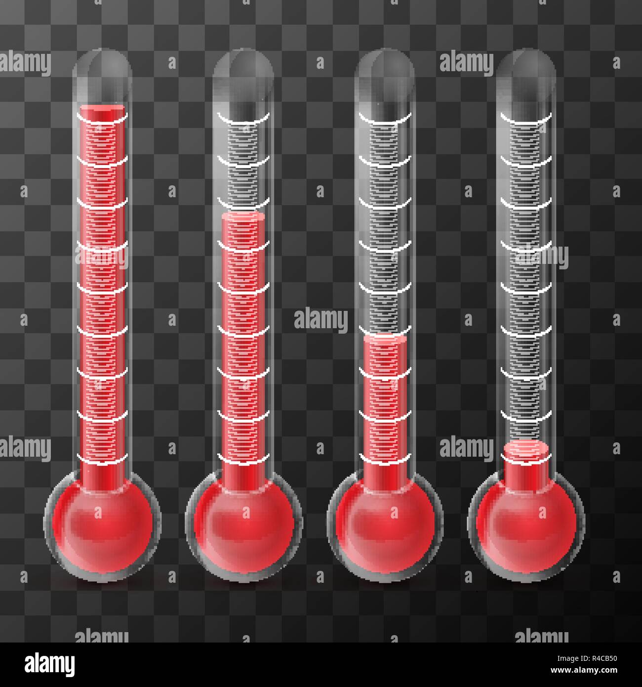 Set of four realistic glossy thermometers with different temperature ...