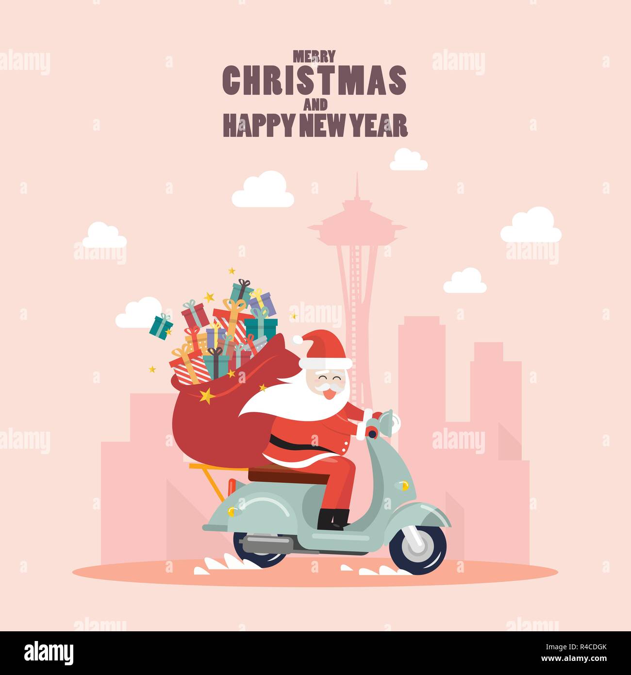 Santa Claus with a gift sack riding a scooter in big city. Vector ...