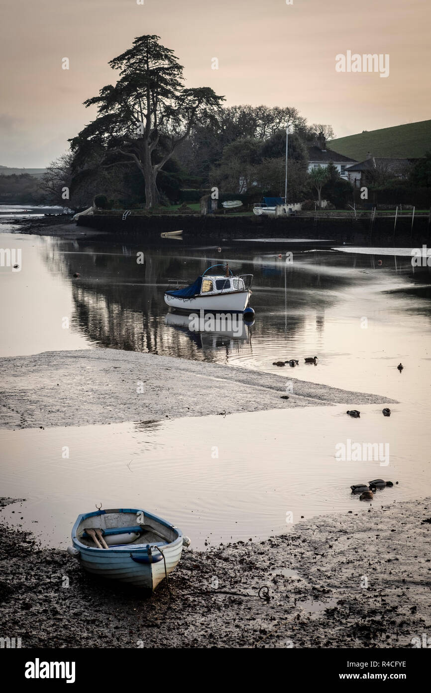 Kingsbridge Estuary, Devon, still evening with boats at rest Stock ...