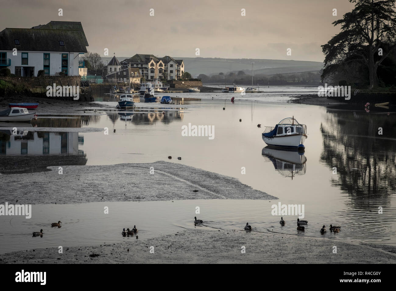 Kingsbridge Estuary, Devon, still evening with boats at rest Stock ...