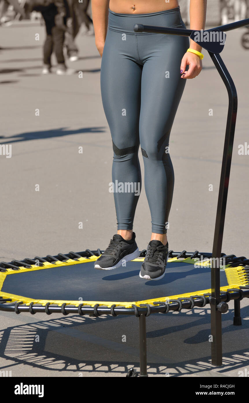 Jumping on an elastic trampoline.This exercise develops coordination ...