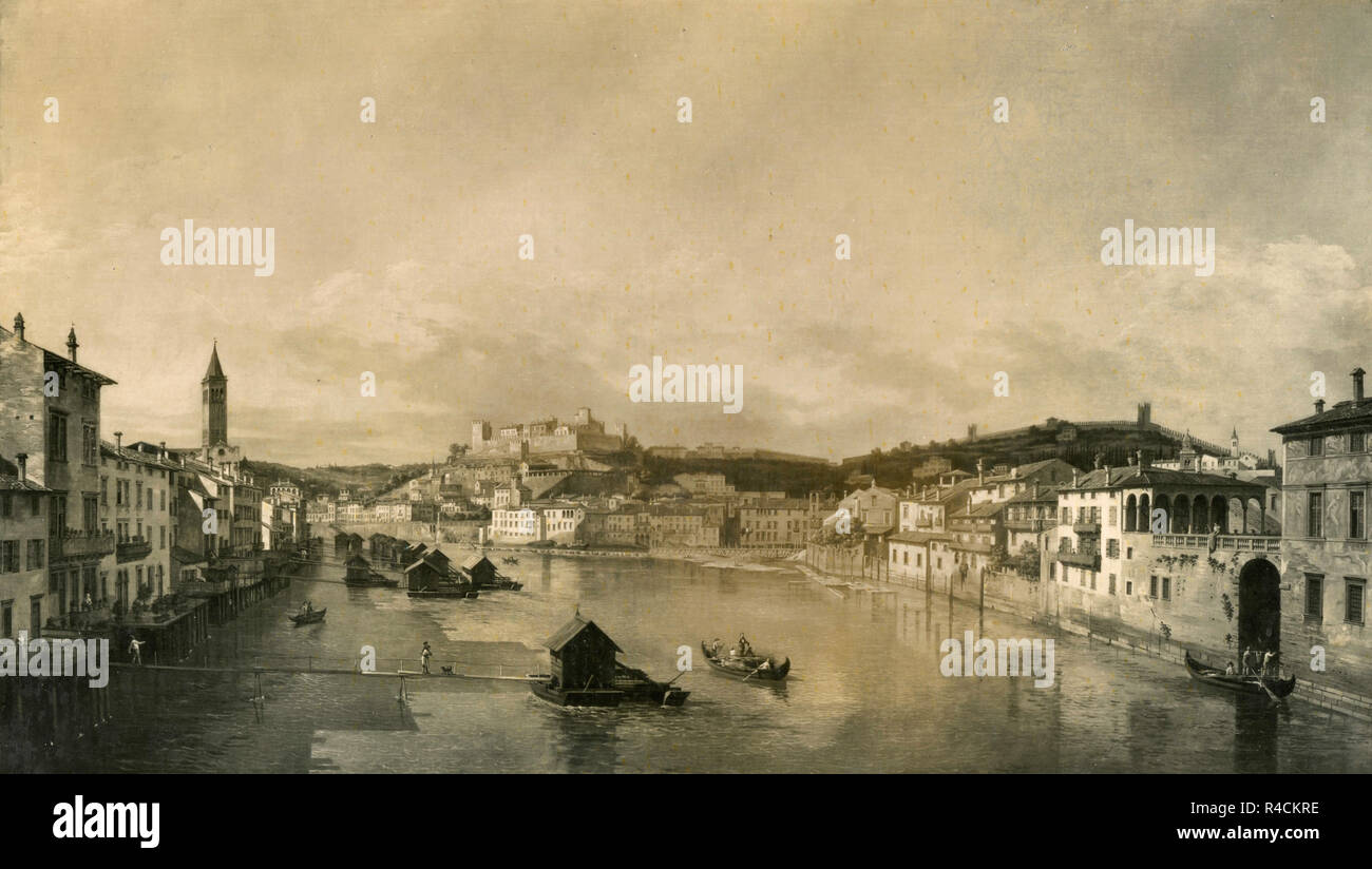 View of Verona, painting by Bernardo Bellotto AKA Canaletto, 1930s ...