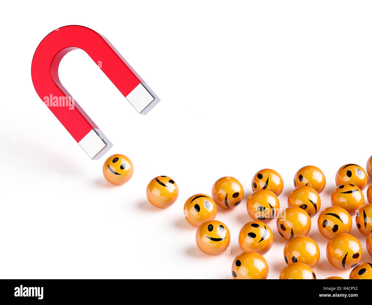 Horseshoe red magnet attracting smiles spheres. Happiness creativity ...
