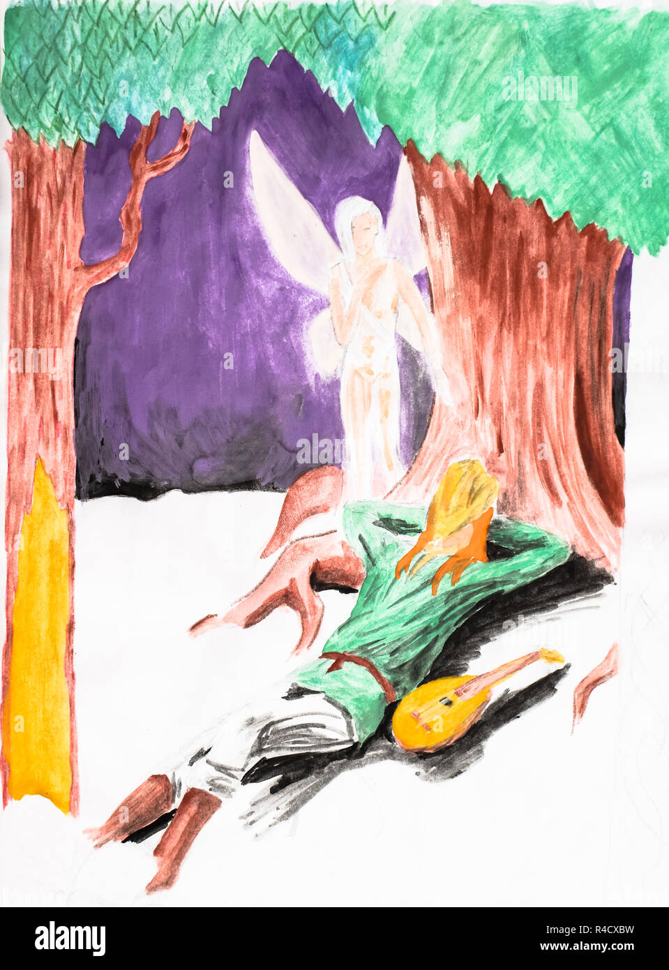 A female angel spies on a balalaika musician resting under a tree ...