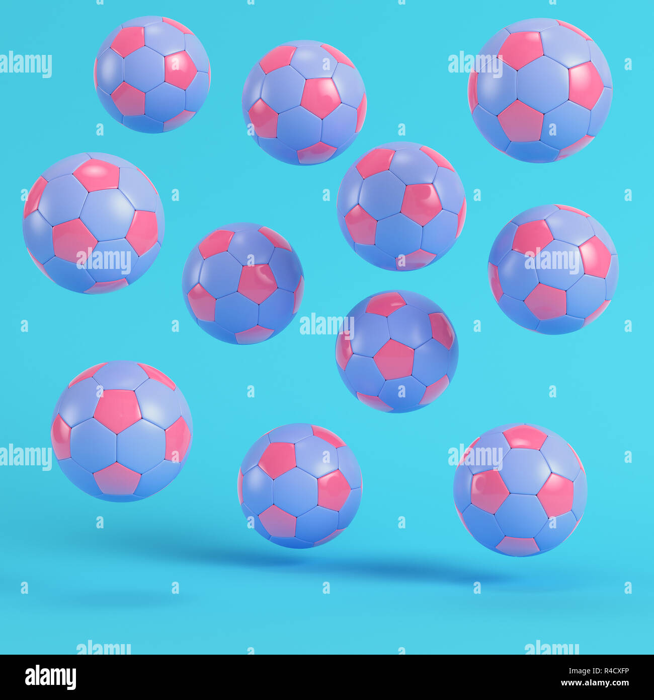 Pink flying soccer balls on bright blue background in pastel colors ...