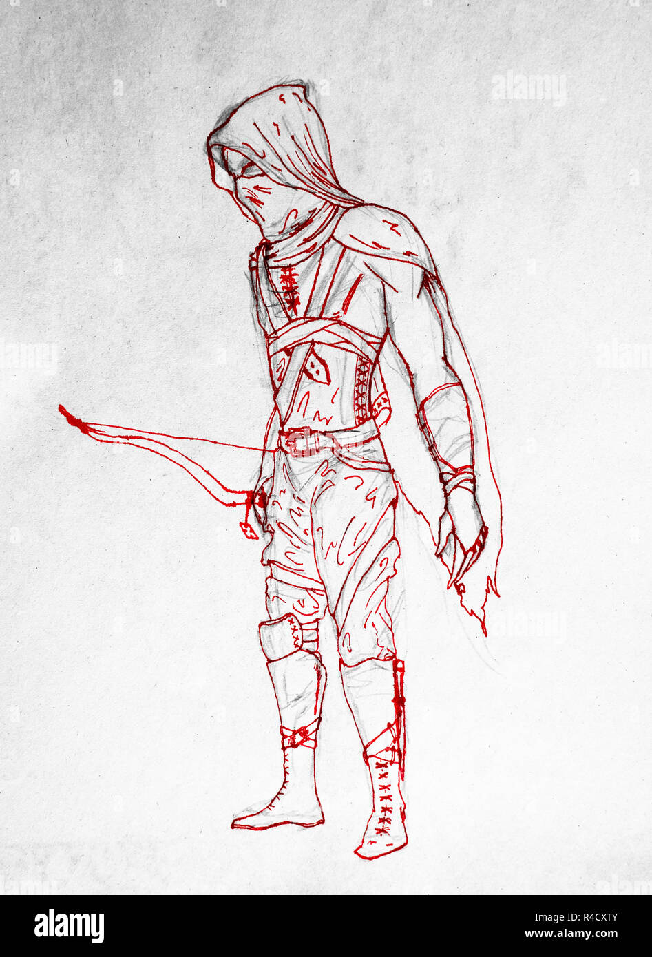 Archer warrior in mask. Figure red pen. The ancient vestments of the ...