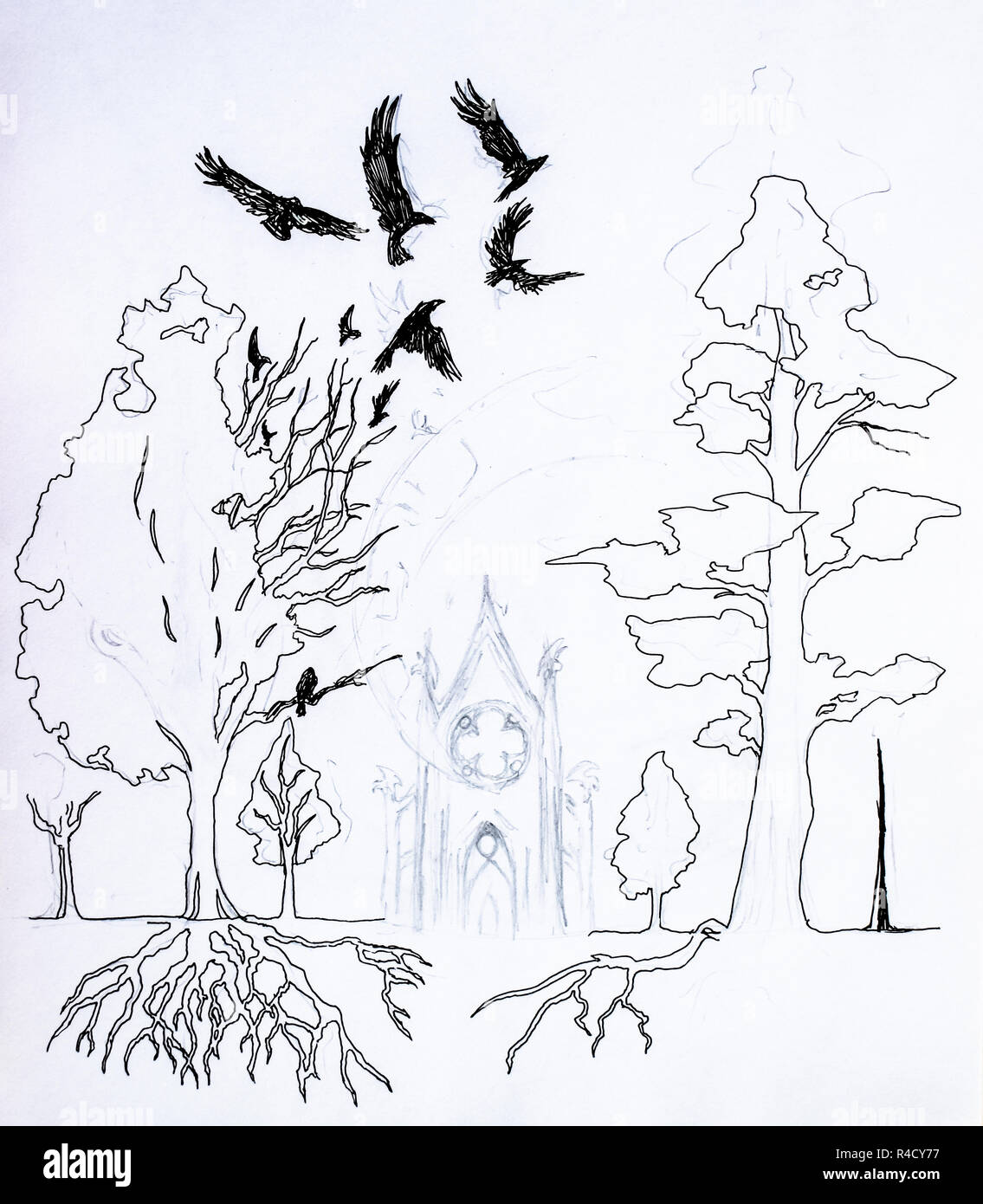 Fantasy forest abstract illustration trees painting hi-res stock ...