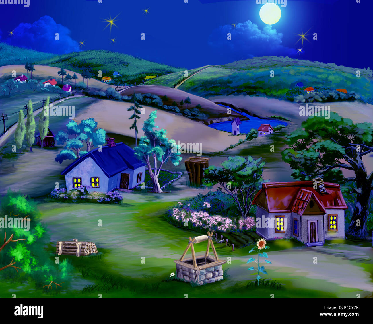 Fairy Tale Summer Night in the Village Stock Photo - Alamy