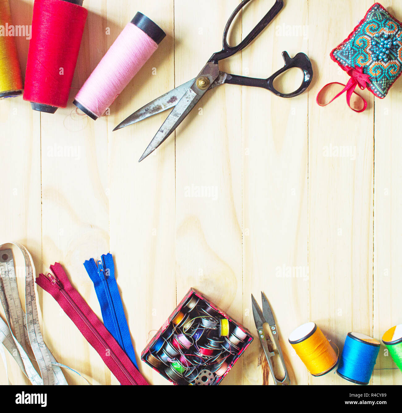 sewing tools and colored tape/Sewing kit Stock Photo - Alamy