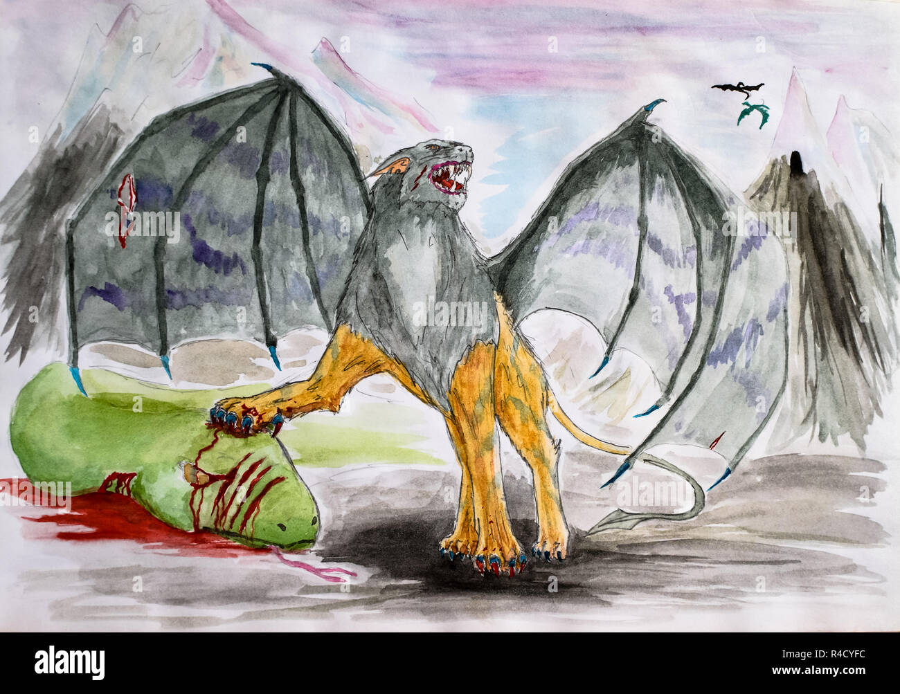 Fantastic winged lion killed the green serpent. Non-existent predatory ...