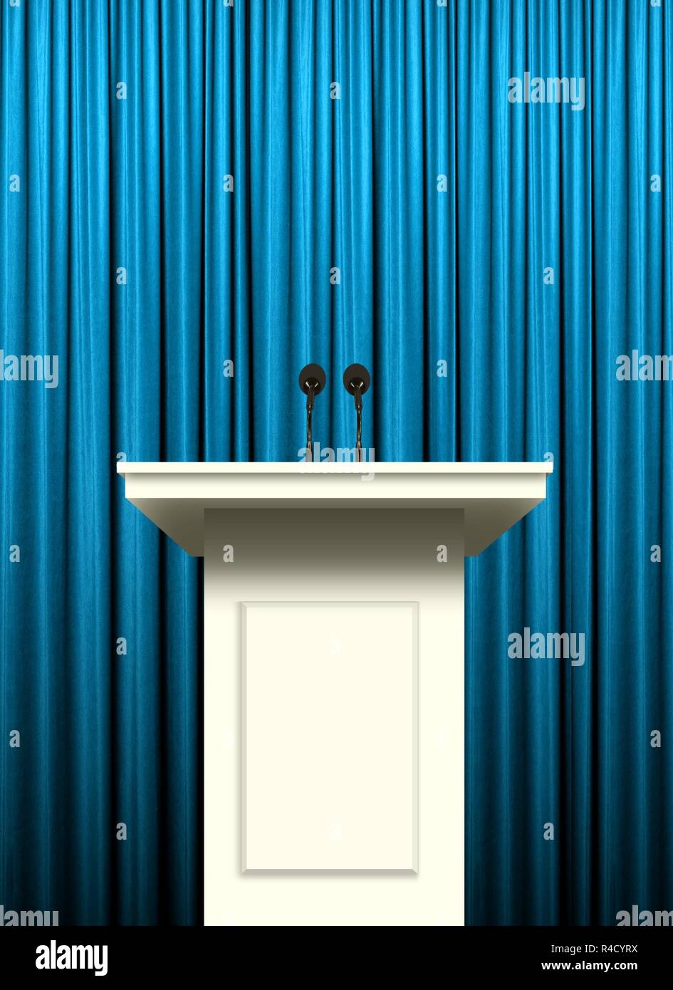 white podium over blue curtain background Stock Photo - Alamy