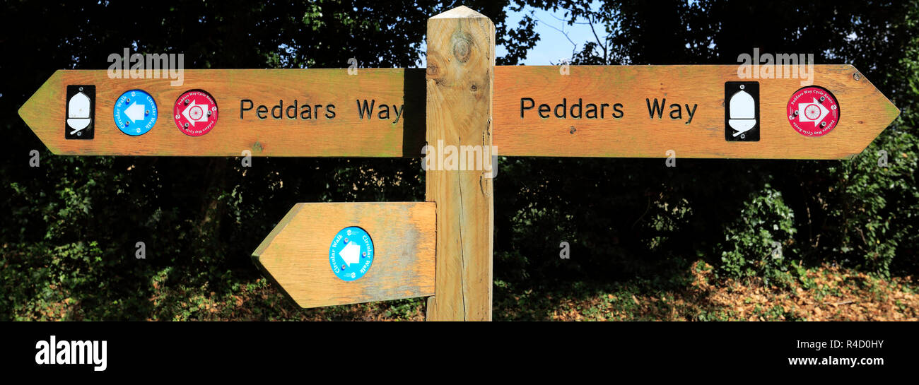 Peddars Way wooden footpath sign, North Norfolk Coastal path, England ...