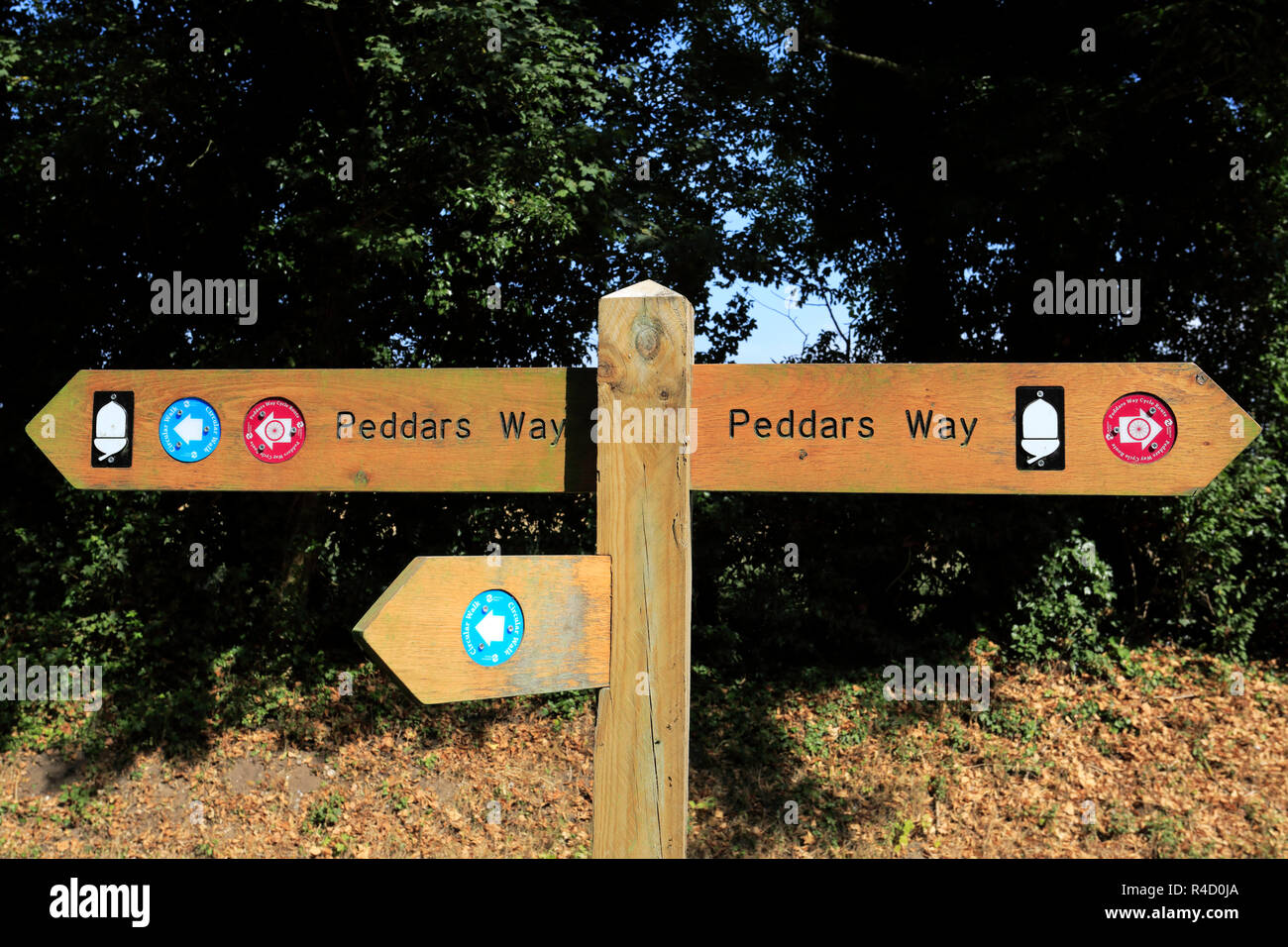 Peddars Way wooden footpath sign, North Norfolk Coastal path, England ...