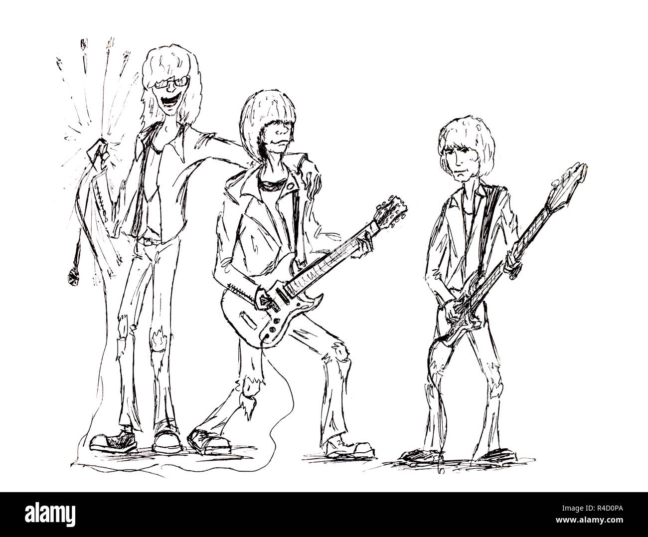 Rock band, singer and two guitarists. Figure gel pen. Vintage rock punk ...