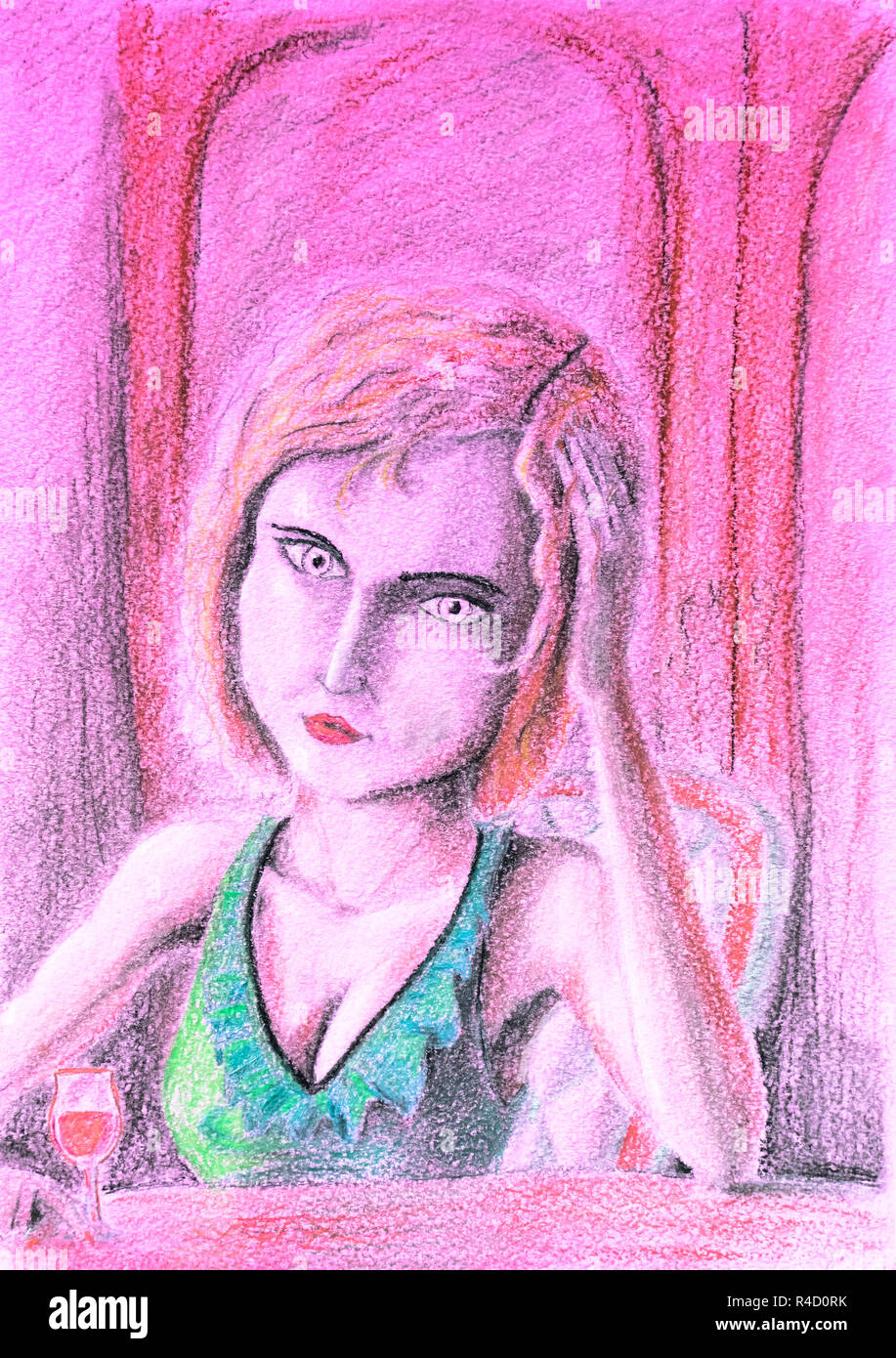 Sad woman at the table holding a glass of wine. Drinking from ...