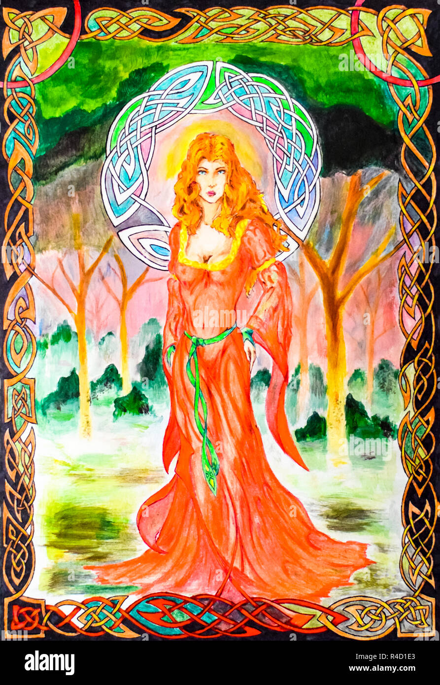 Woman in a translucent red dress in the forest. Picture in frame ...