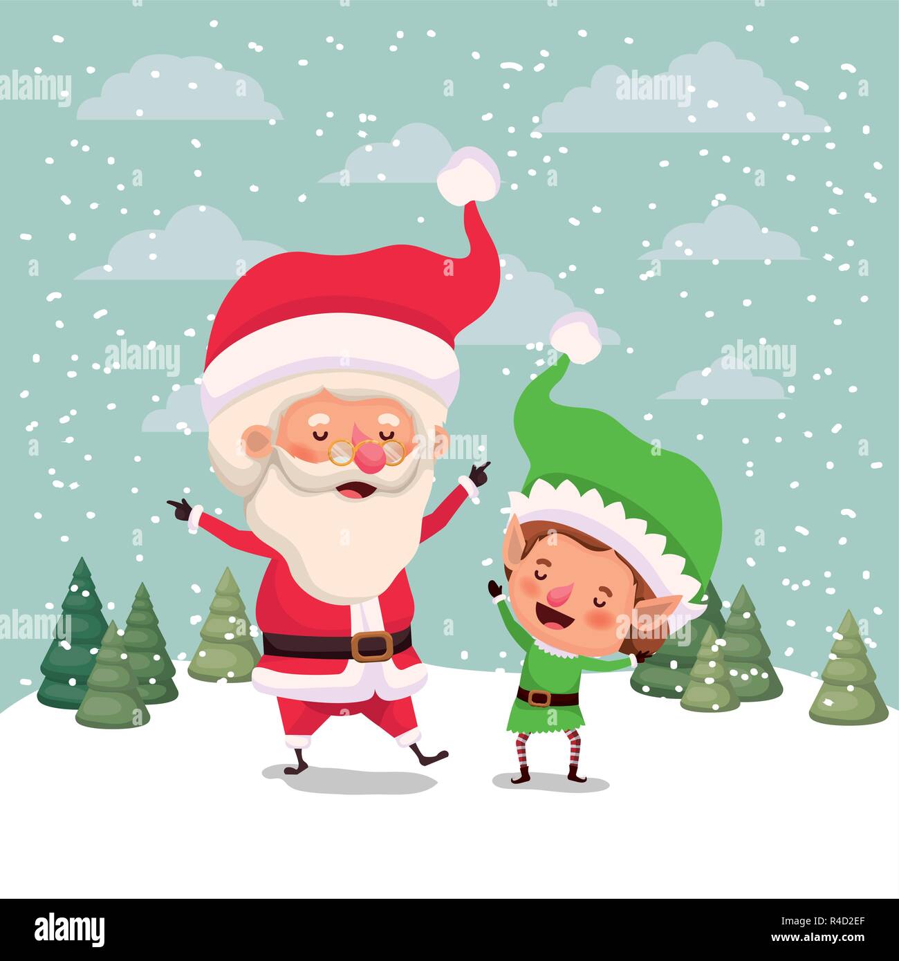 little elf and santa claus characters in snowscape Stock Vector Image ...