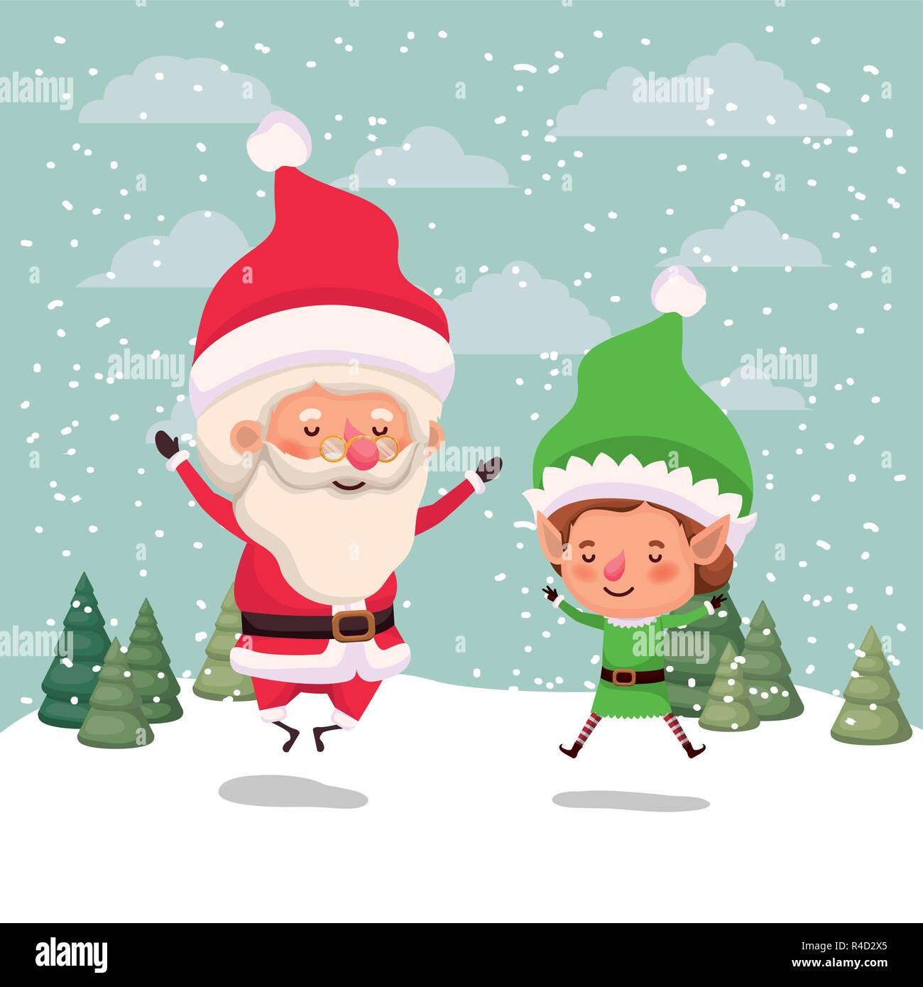 little elf and santa claus characters in snowscape Stock Vector Image ...