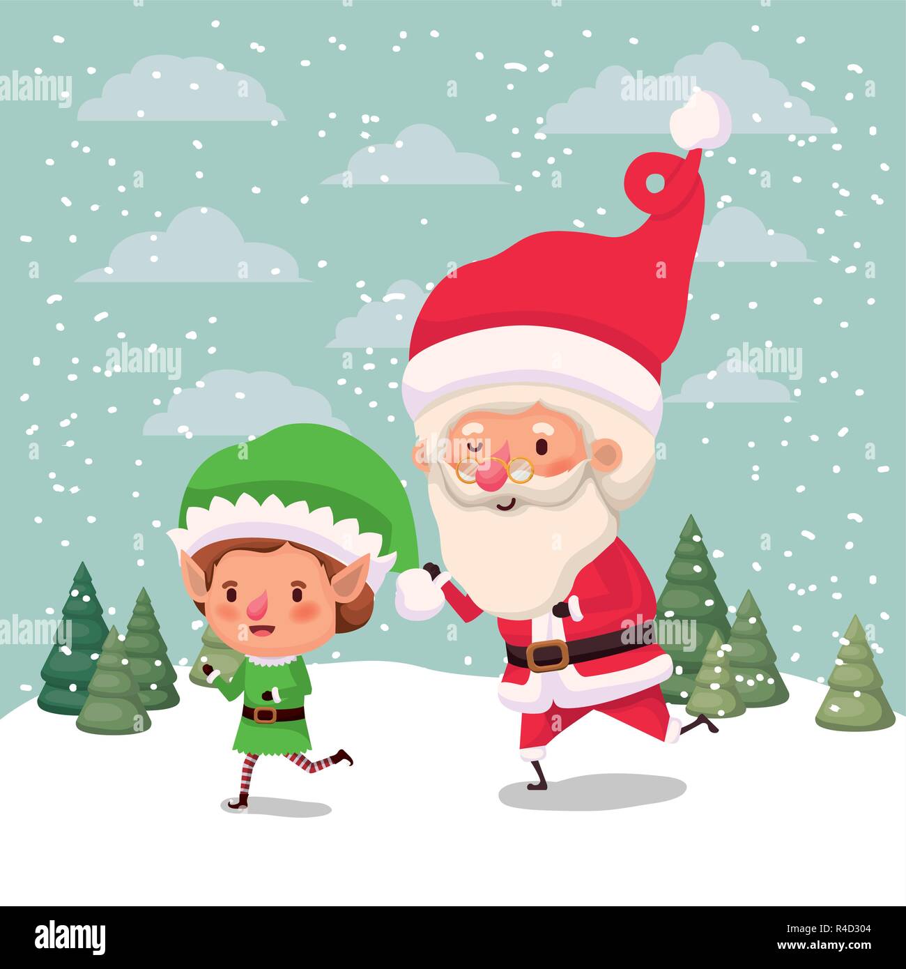 little elf and santa claus characters in snowscape Stock Vector Image ...