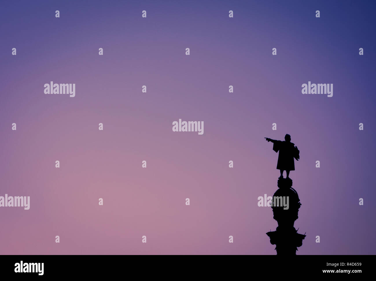 Barcelona Christopher Columbus statue silhouette over sunset and blue ...