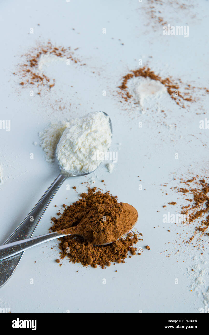 Pastry background (two spoons with cocoa and flour) with space for text ...