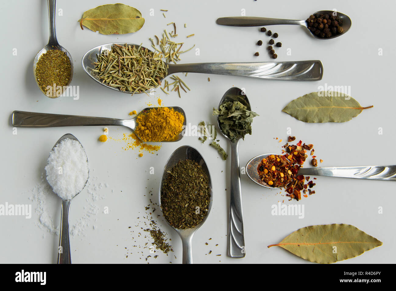 Top view of spoons with various aromatic herbs and spices on white ...