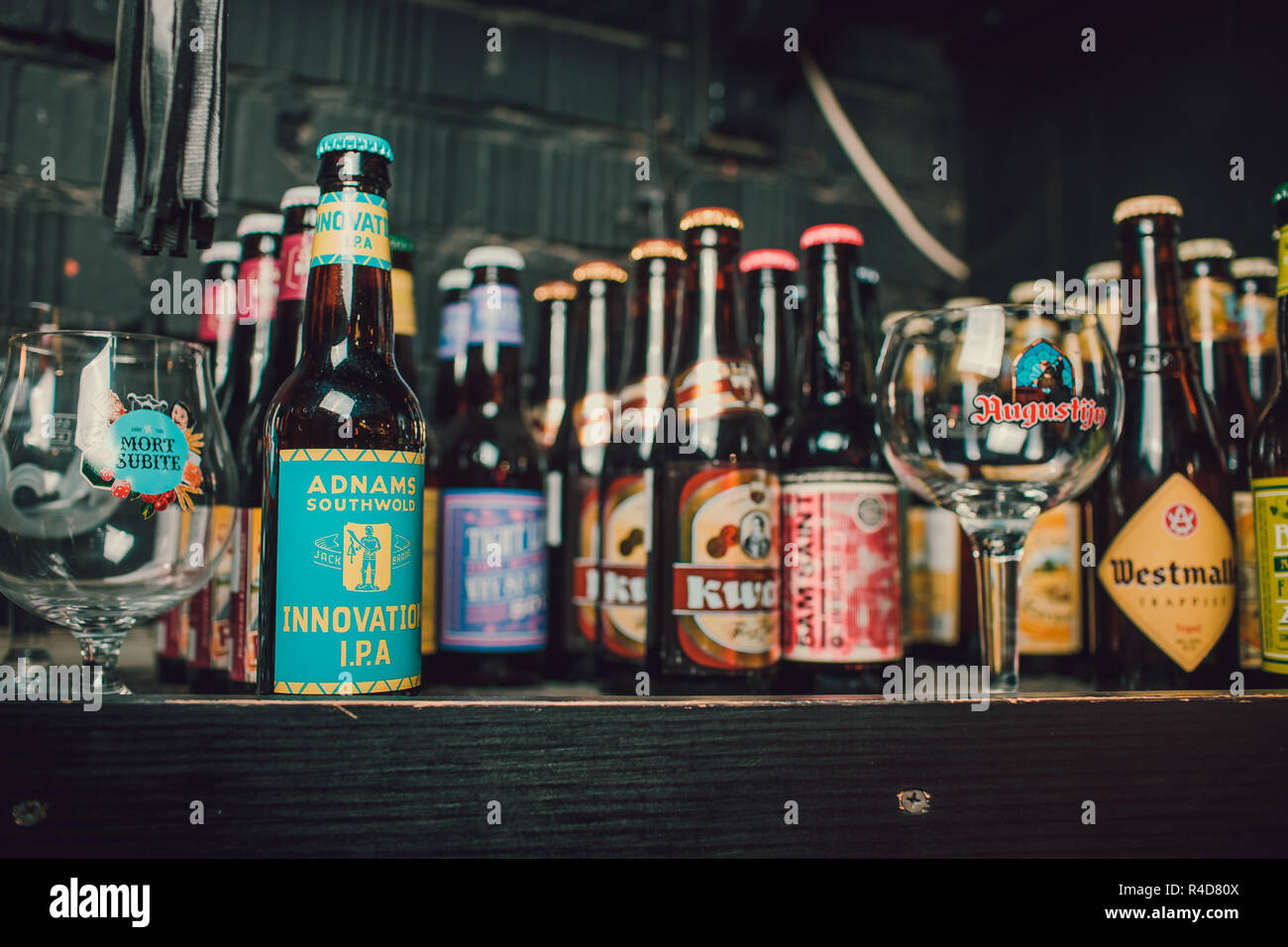 Ufa, Russia, Darling bar, 5 November, 2018: A variety of popular beer ...