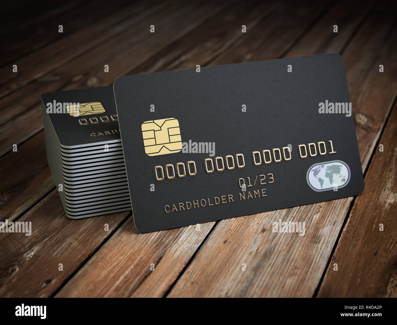 Stack of black blank credit cards mockup on wooden table background. 3d ...