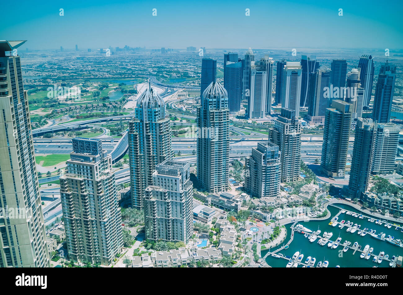 Aerial view of skyscrapers and Dubai Marina. Development of Dubai Stock ...