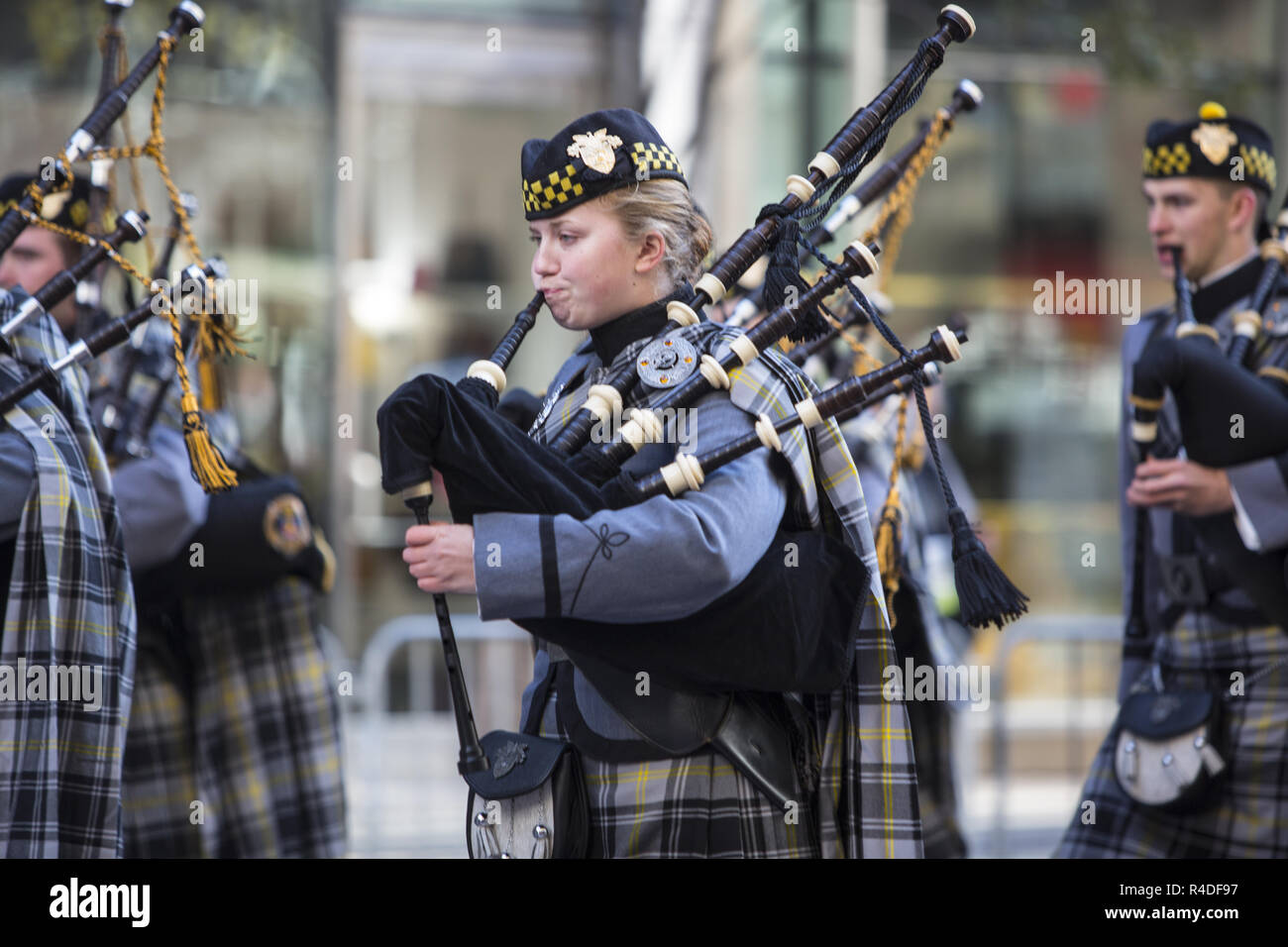 West Point Cadets Pipes and Drums band plays and marches up 5th Avenue ...