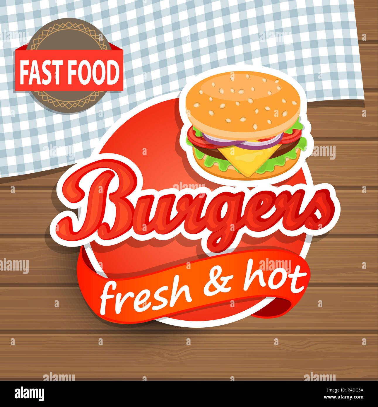Burgers Label on the wood background Stock Photo - Alamy