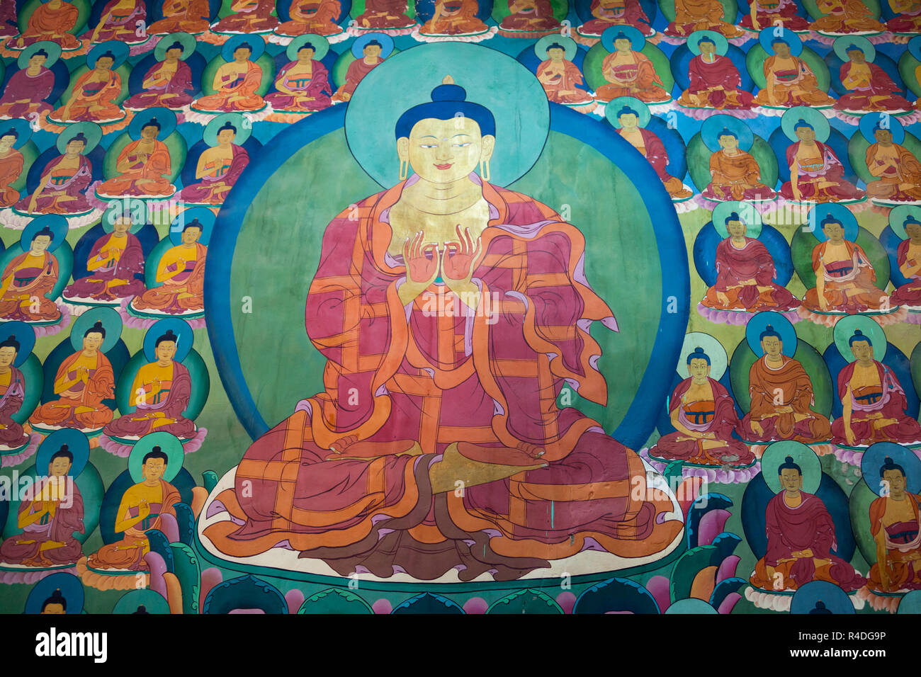 Colourful wall painting depicting Buddha, Chemrey Gompa in Ladakh ...