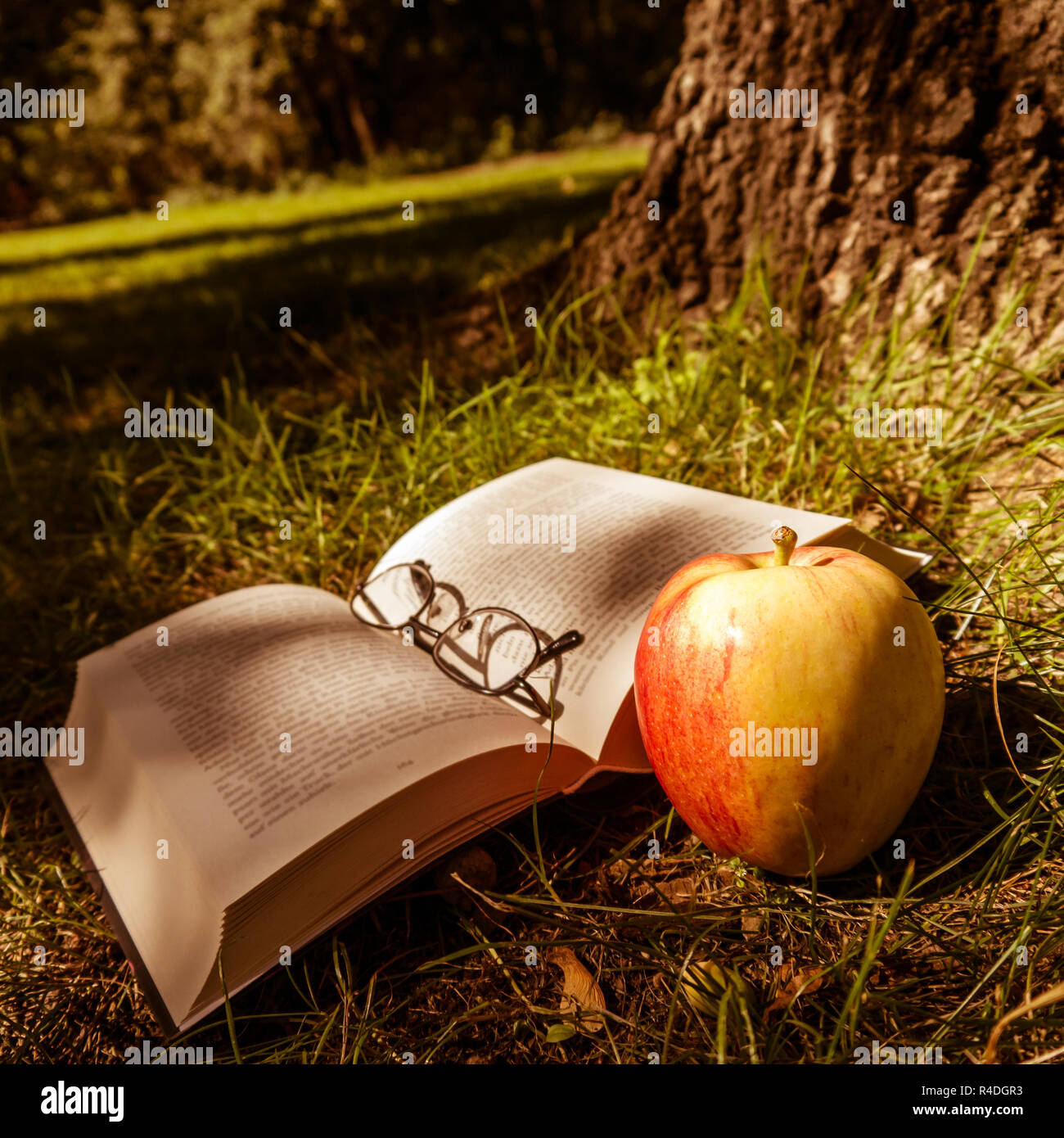 book, appel and glasses Stock Photo - Alamy