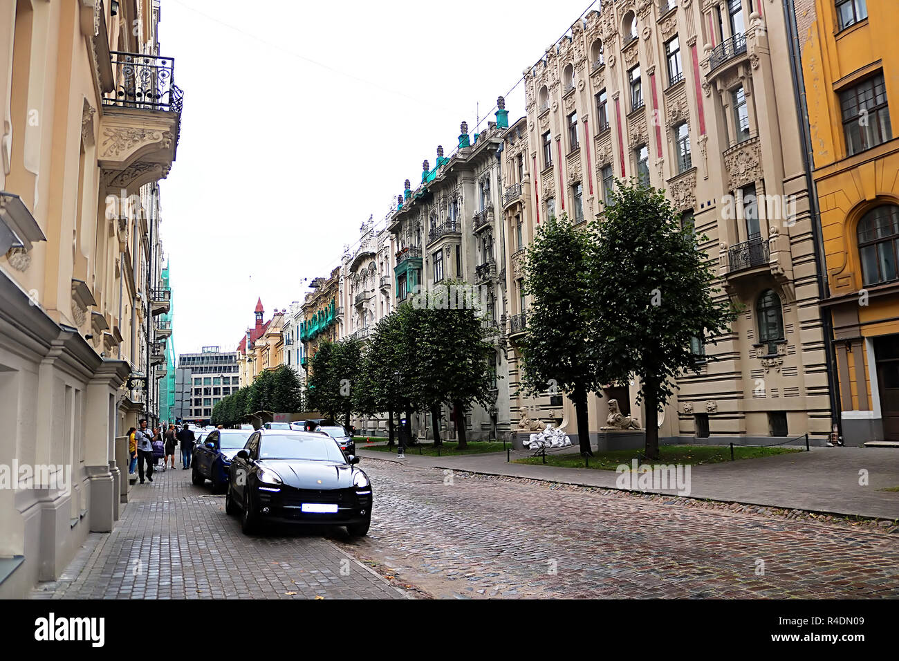 RIGA, LATVIA - AUGUST 31, 2018: Art Nouveau architecture on a building ...