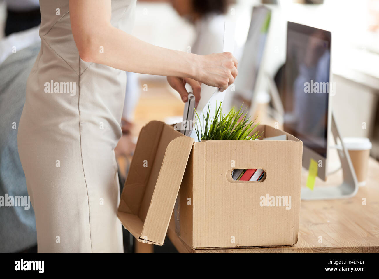 New female employee unpacking box with belongings Stock Photo - Alamy
