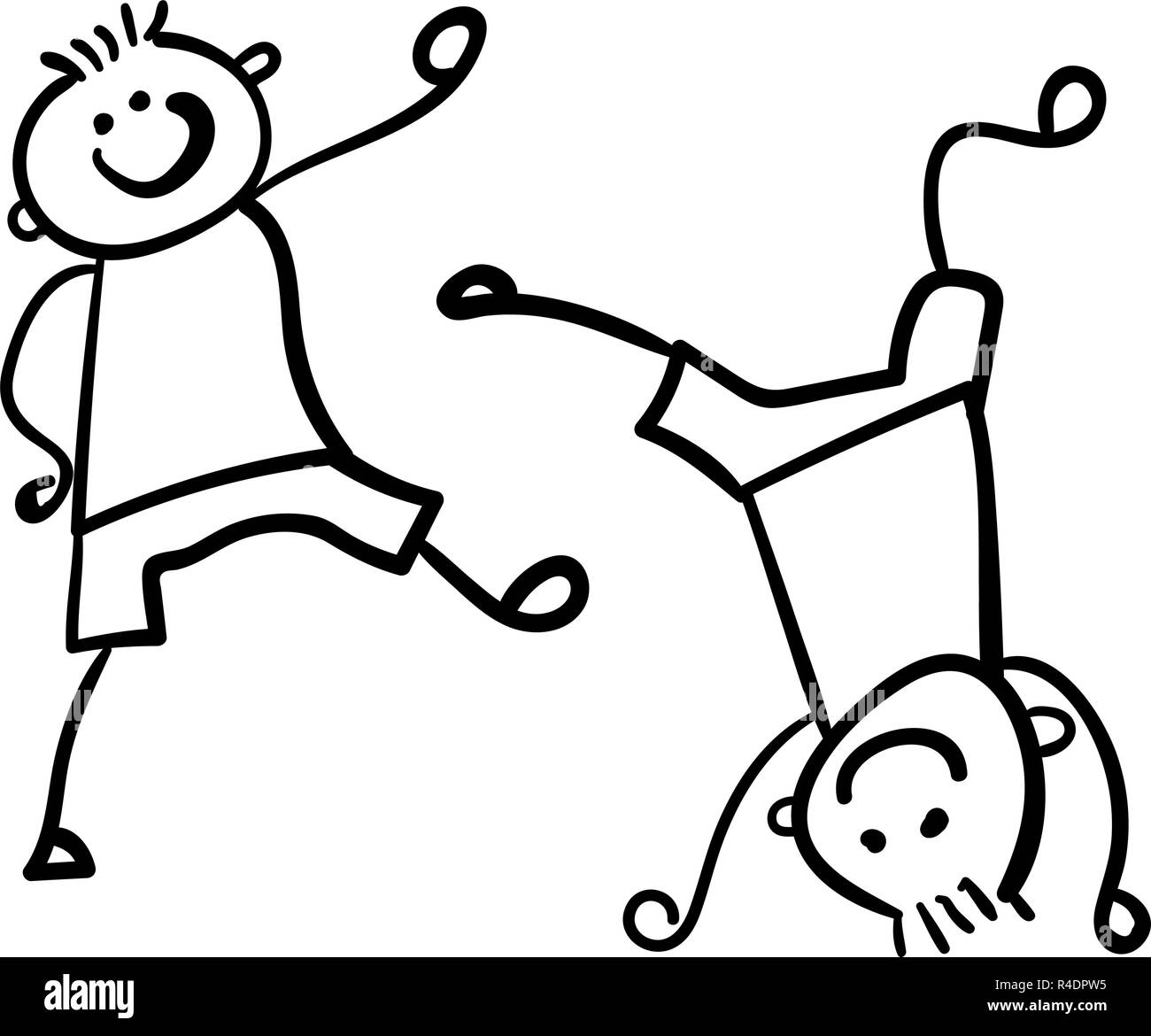 Two boys playing - one stands on his head, and the second goes to him ...