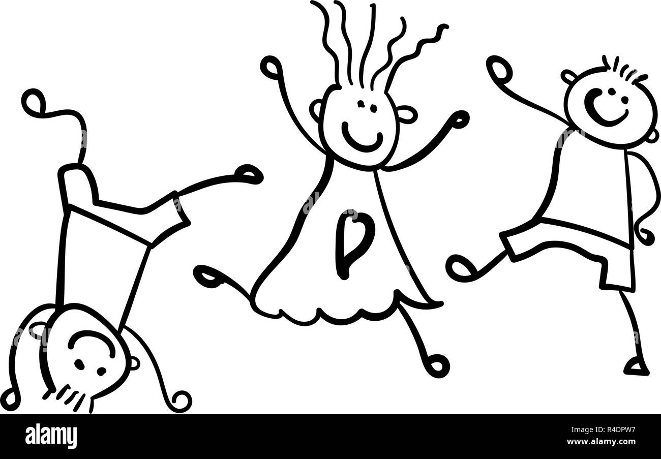 Three playing children. Style of childrens drawing. Vector illustration ...