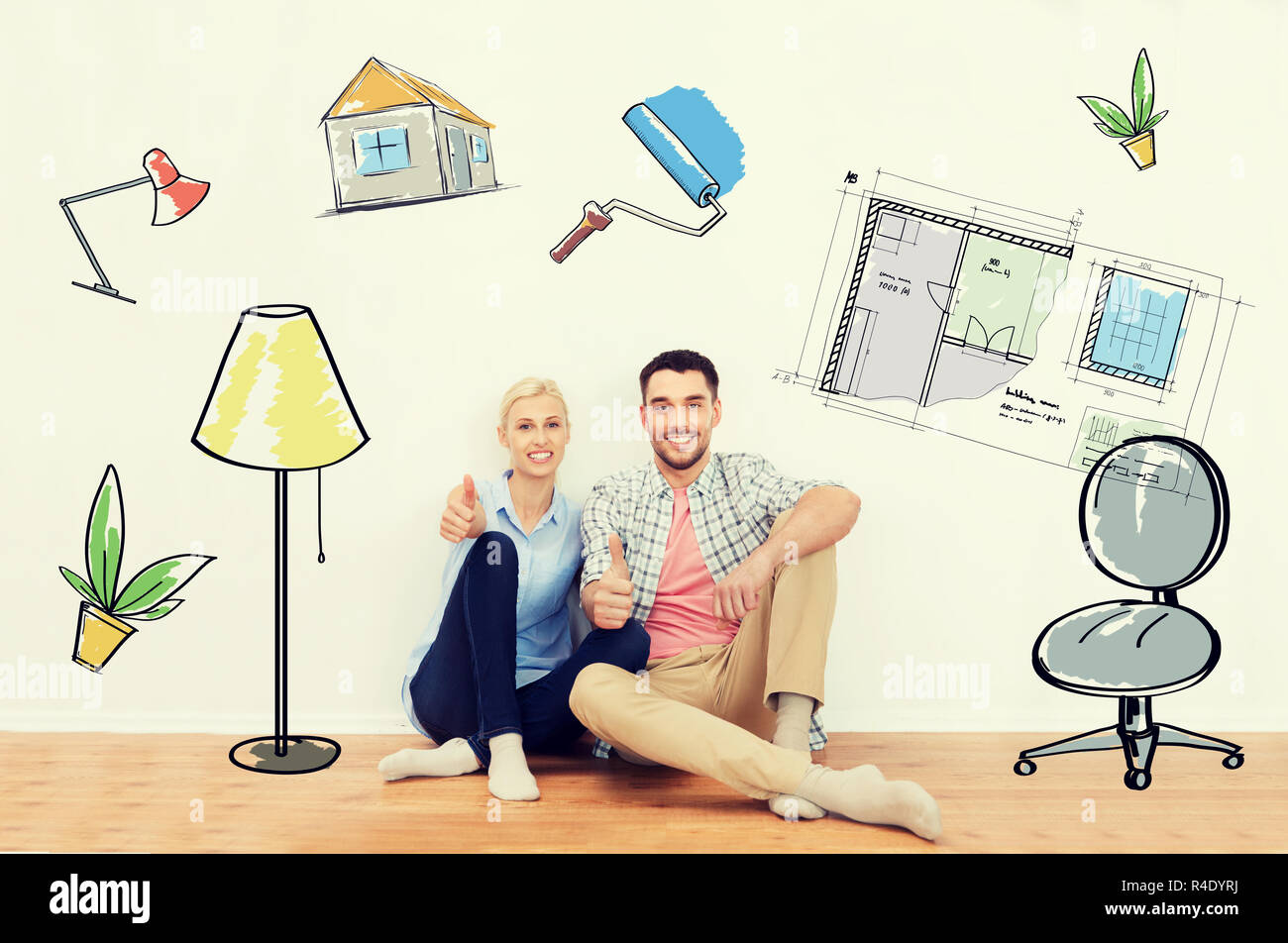 happy couple showing thumbs up at new home Stock Photo - Alamy