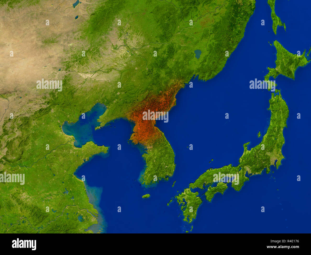 North Korea from space in red Stock Photo - Alamy