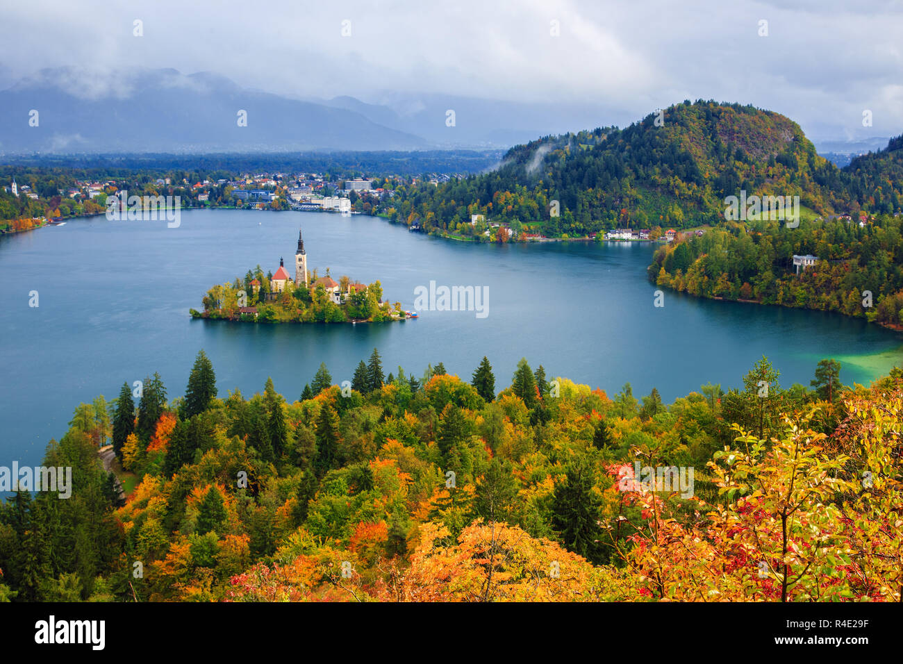 Bled with lake, island and mountains in background, Slovenia Stock ...
