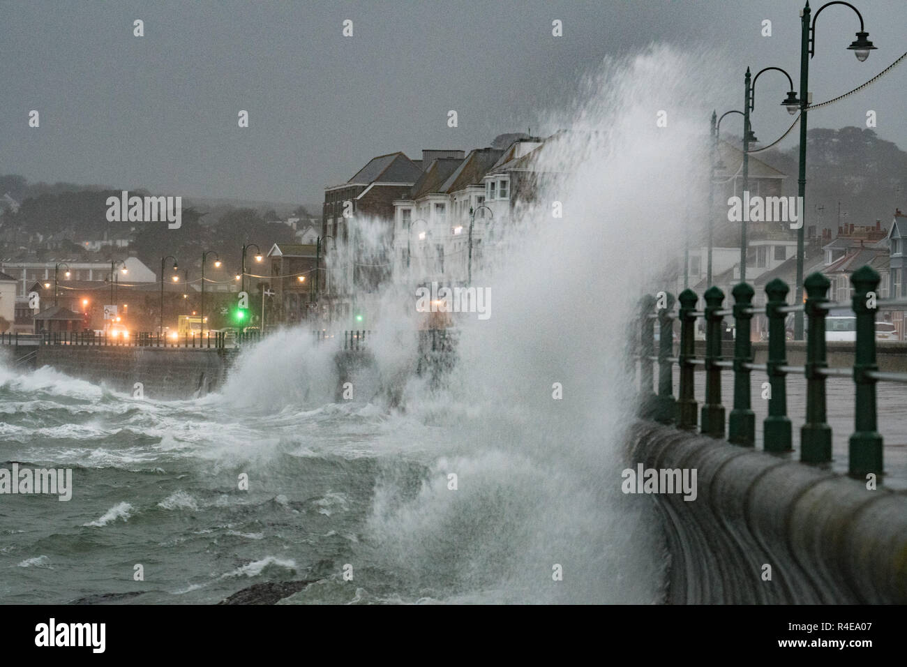 Rain waves batter sea front penzance early morning hi-res stock ...