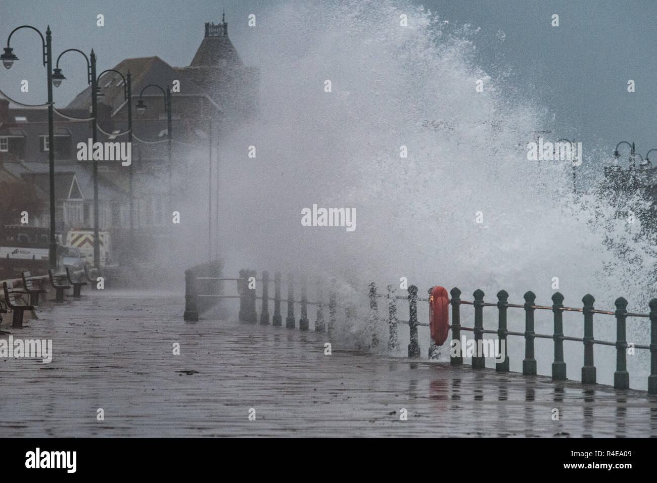 Rain waves batter sea front penzance early morning hi-res stock ...