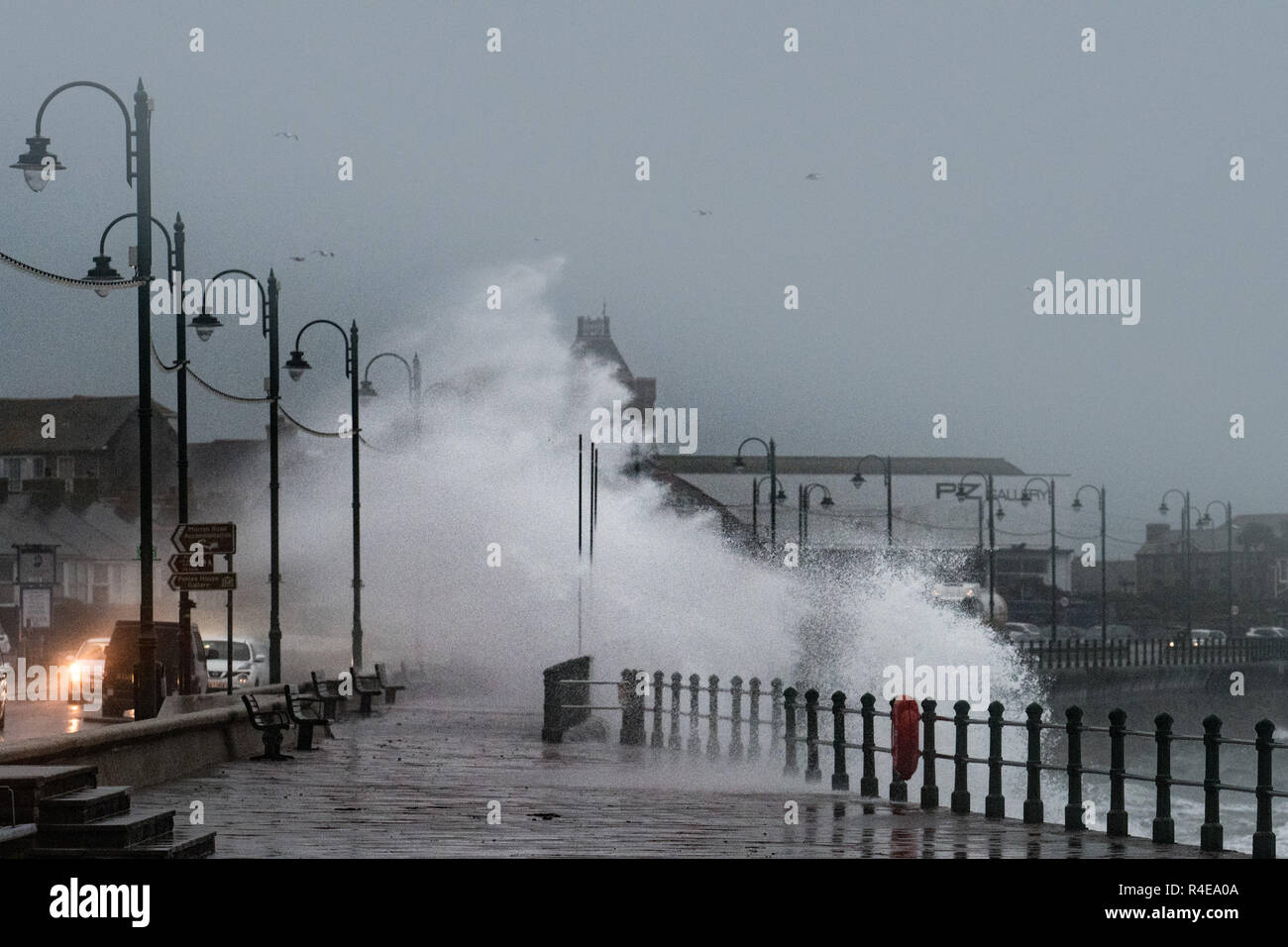 Rain waves batter sea front penzance early morning hi-res stock ...