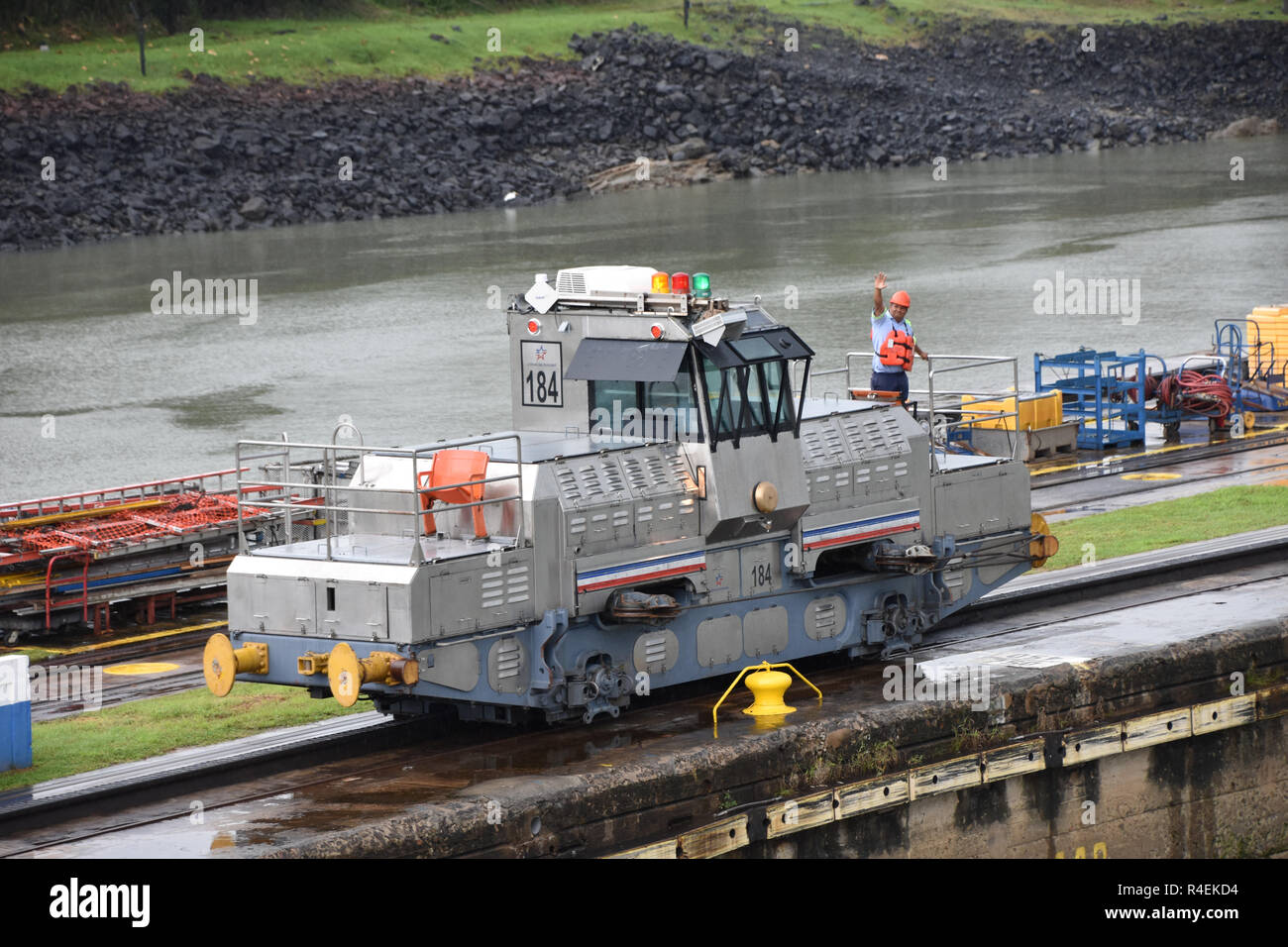 A locomotive or "mule", used for towing ships through the Panama Canal ...