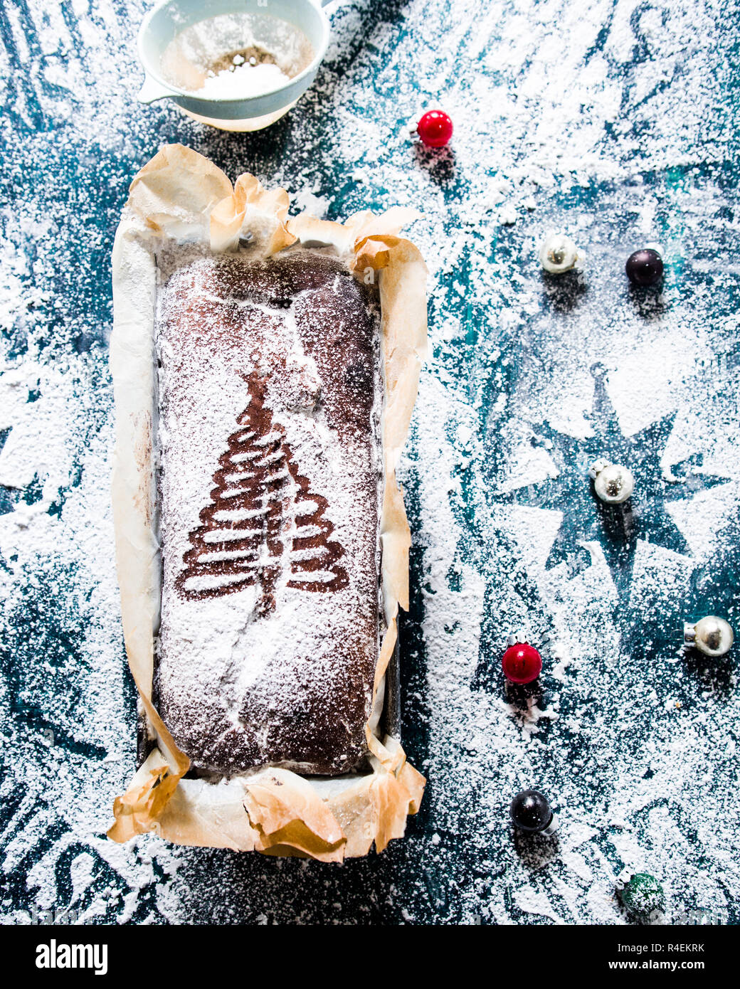 Chocolate banana bread decorated with a christmas tree on top , various ...